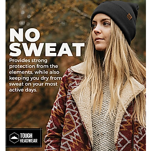 Tough Headwear Winter Beanie Knit Hat for Men & Women - Merino Wool Ribbed Cap - Warm & Soft Stylish Toboggan Skull Caps for Cold Weather - Basic - Black