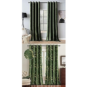 MIULEE Olive Green Velvet Curtains Grommet Thermal Insulated Room Darkening Drape for Classical Living Room Bedroom Decor Bundle Glitter Metallic Marble Pattern Gold Foil Print Curtains 96 Inches Long