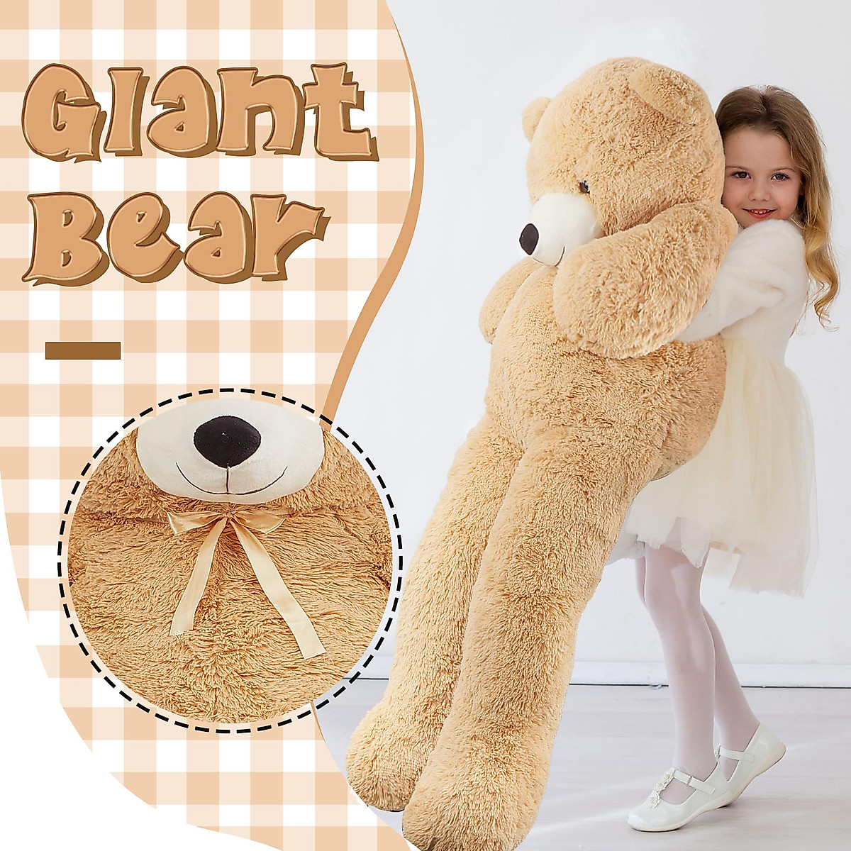 Meooeck Giant Bear 59'' Big Large Stuffed Animal Plush Cute Huge 4.92 Feet Tall Light Brown Stuffed Bear Valentines Day Gift for Girlfriend Wife Lover Birthday Present