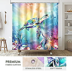 Blue Shower Curtain, Teal Sea Turtle Shower Curtains for Bathroom, Waterproof Quick-Dry Polyester Fabric Shower Curtain, Beach Nautical Shower Curtain Ocean Bathroom Decor with 12 Hooks, 72''x 72''