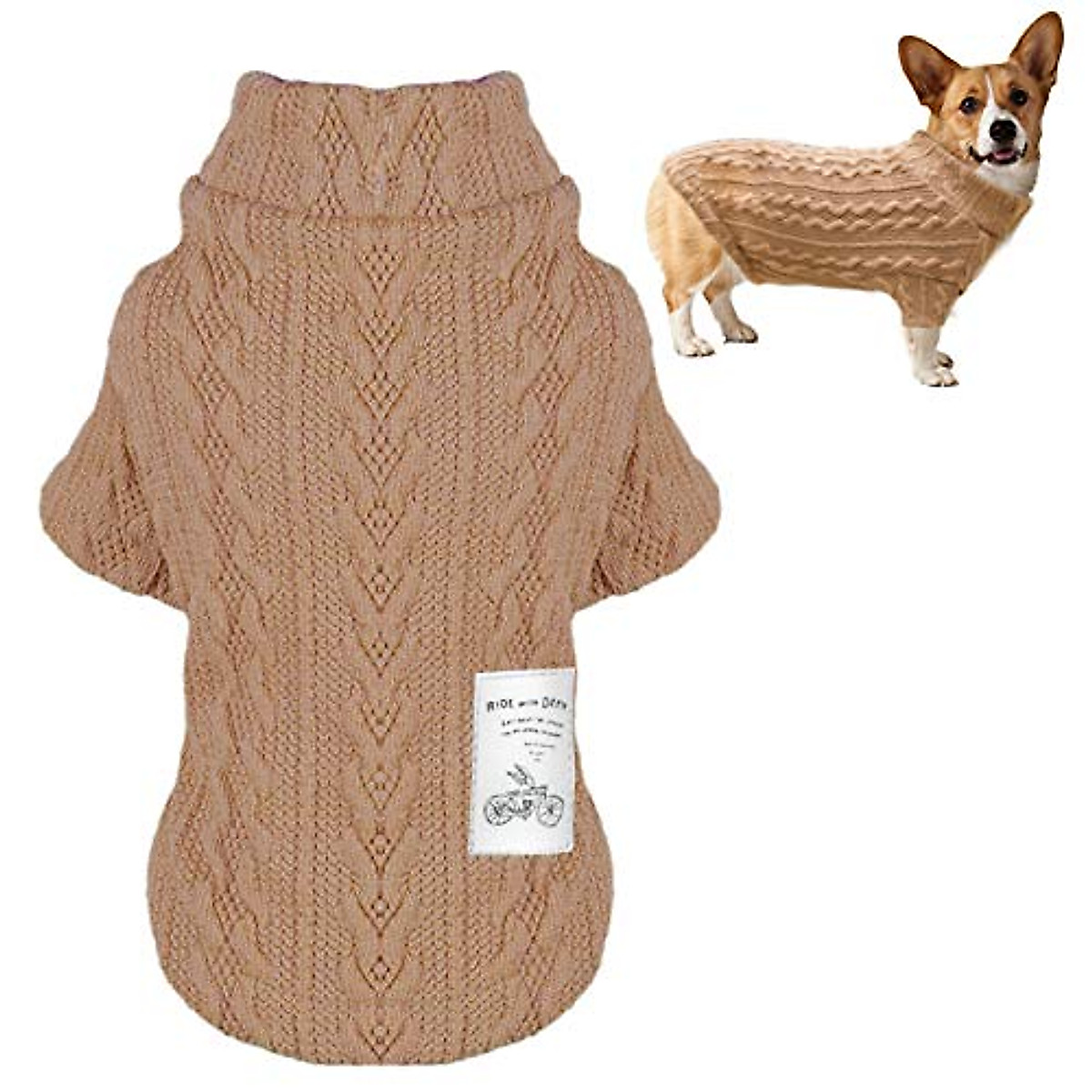 KONUNUS Knitted Small Dog Sweater Warm Dog Jumper Coat Puppy Winter Clothes for Dogs Cats, Khaki
