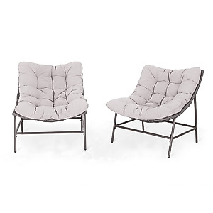 PHI VILLA Outdoor Papasan Chairs Set of 2, Oversized Scoop Wicker Chairs with Cushions & Steel Frame, Double Comfy Conversation Reading Chairs Furniture for Apartment Patio, Porch, Deck, Balcony