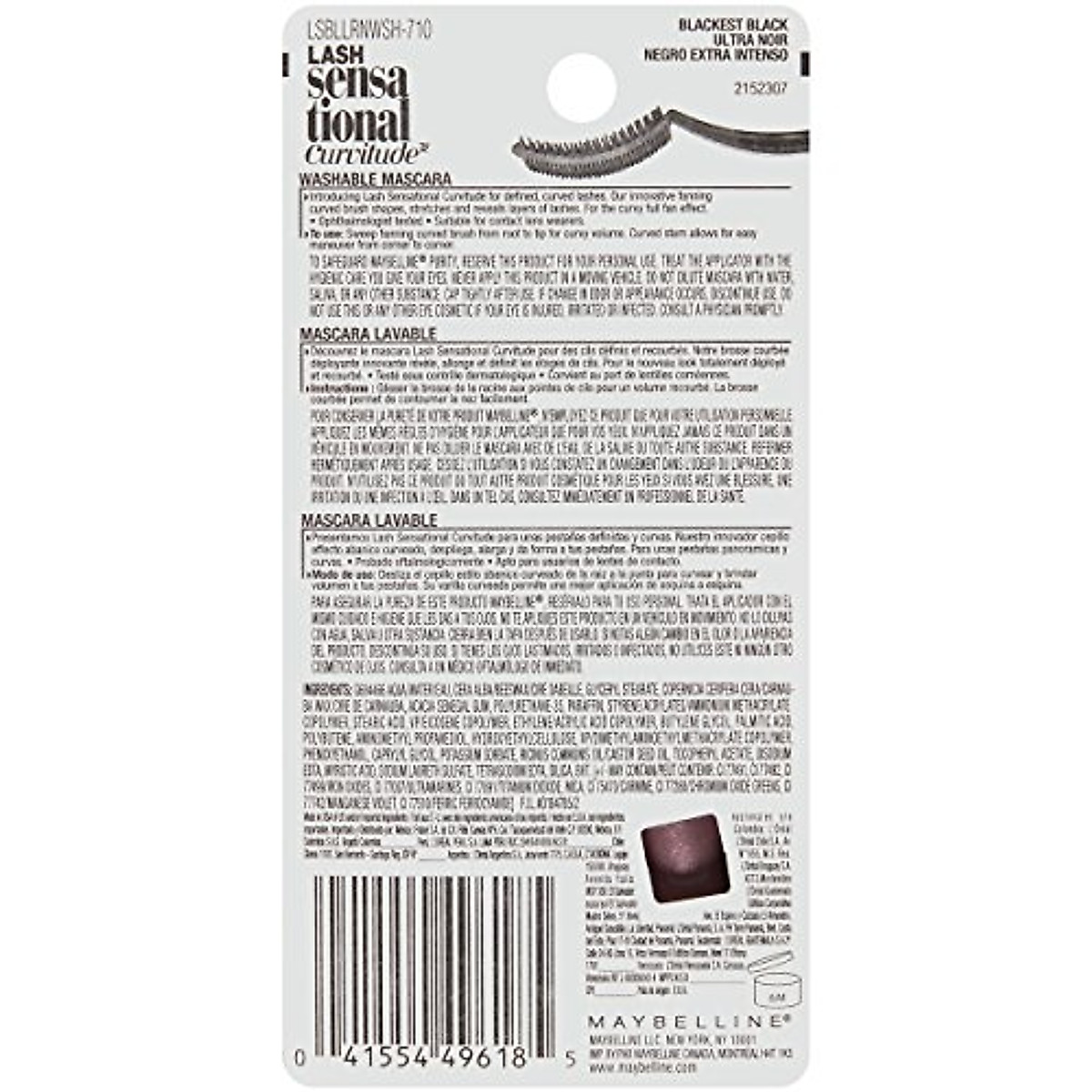 Maybelline New York Lash Sensational Curvitude Washable Mascara, Blackest Black, 0.33 fl. oz.