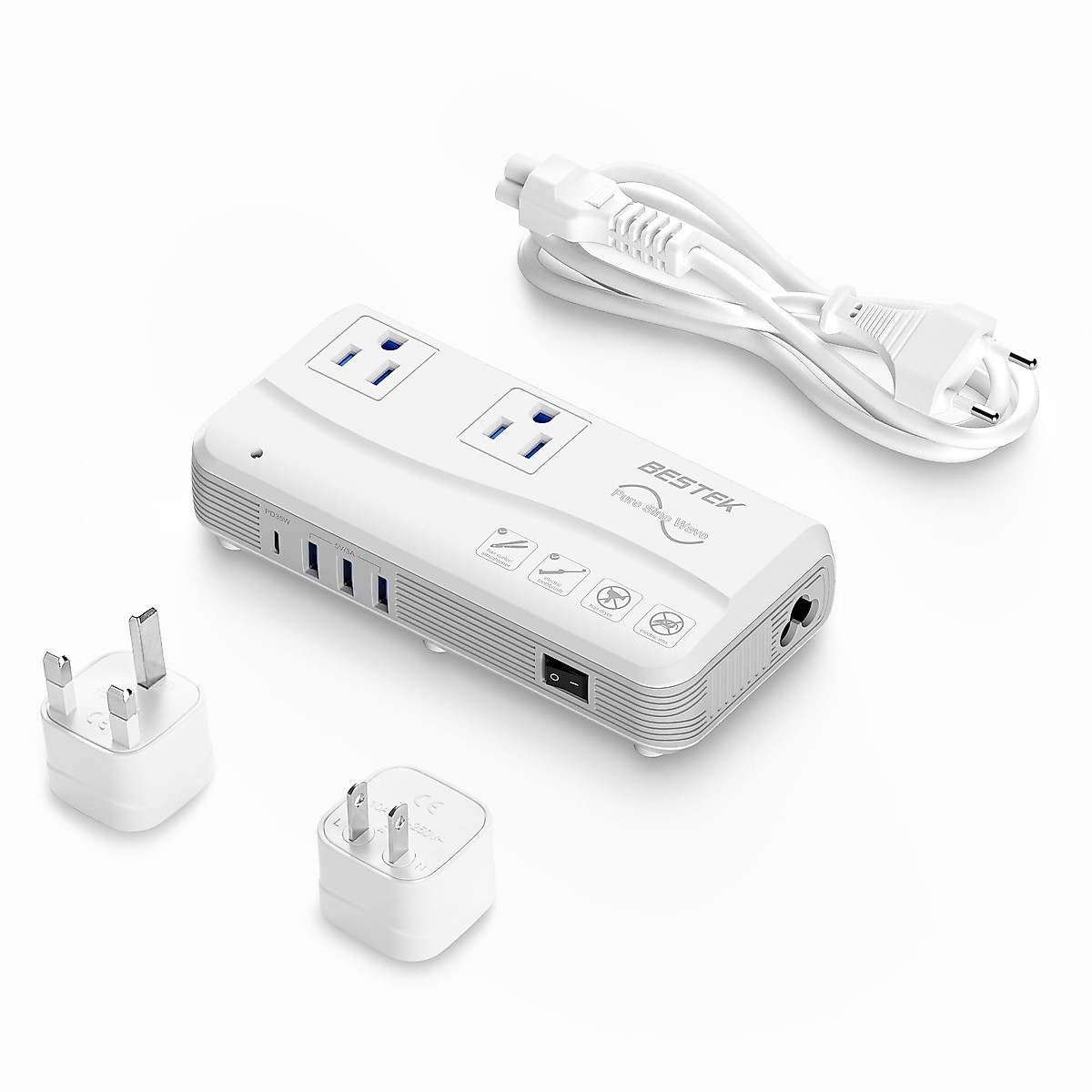 BESTEK Universal Travel Adapter Pure Sine Wave 220V to 110V Voltage Converter with 4 USB(1 PD35W) Charging and UK/AU/US/EU Worldwide Plug Adapter