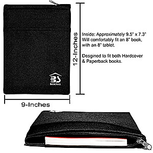 Book Sack Book Sleeve with Zipper – Book Protector. Paperback/Hardcover Book Carrying Case (Black Large)