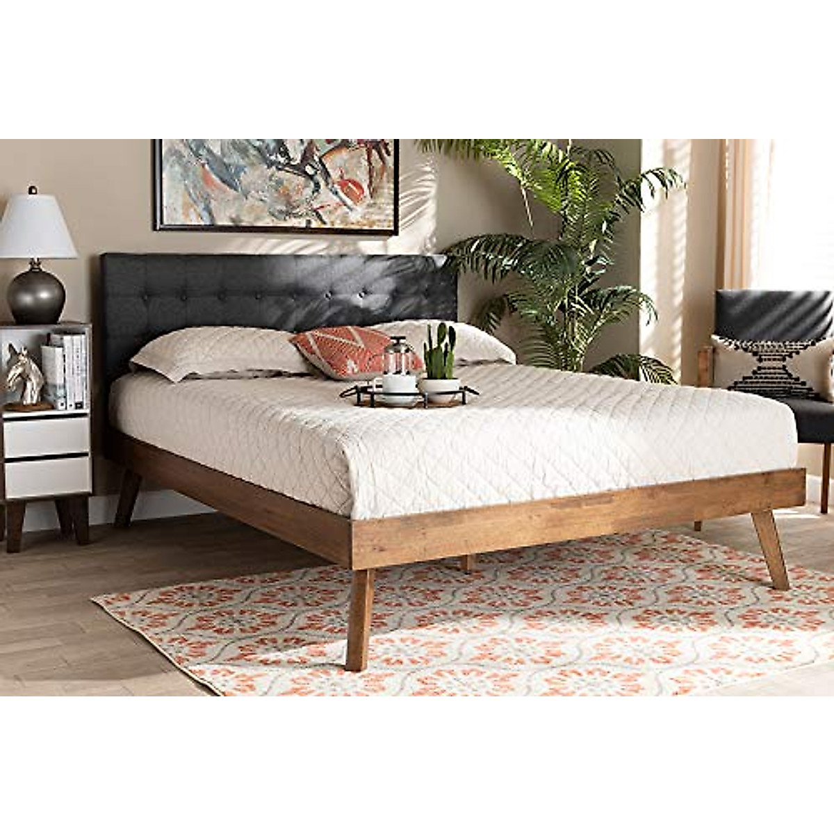 Wholesale Interiors Baxton Studio Devan Mid-Century Modern Dark Grey Fabric Upholstered Walnut Brown Finished Wood Full Size Platform Bed