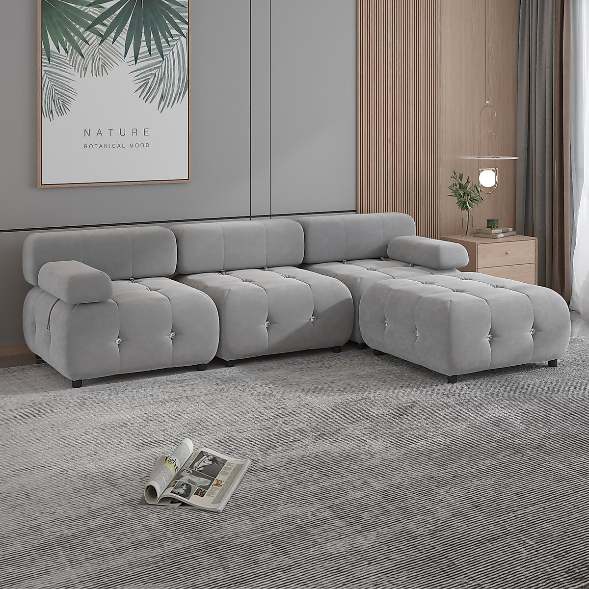 CECER 103" W Convertible Modular Sectional Sofa, L-Shaped Minimalist Velvet Sofas Couch, Luxury Modern 4-Seater Bubble Sofa with Ottoman for Living Room/Office/Apartment-Light Grey
