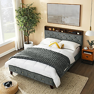 AnwickNomo Queen Size Wood Bed Frame with Fabric Upholstered Headboard and Solid Wood Slats,Wood Platform Bed with Outlet & USB Ports,No Box Spring Needed/Easy Assembly (Grey, Queen)