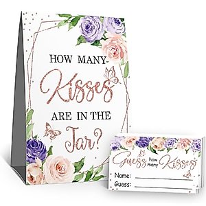 How Many Kisses Purple Floral Bridal Shower Party Game Raffle Cards Kit(1 Standing Sign-50 Guessing Cards) Purple Floral Baby Shower Game Cards Party Decorations Raffle Insert Ticket-5