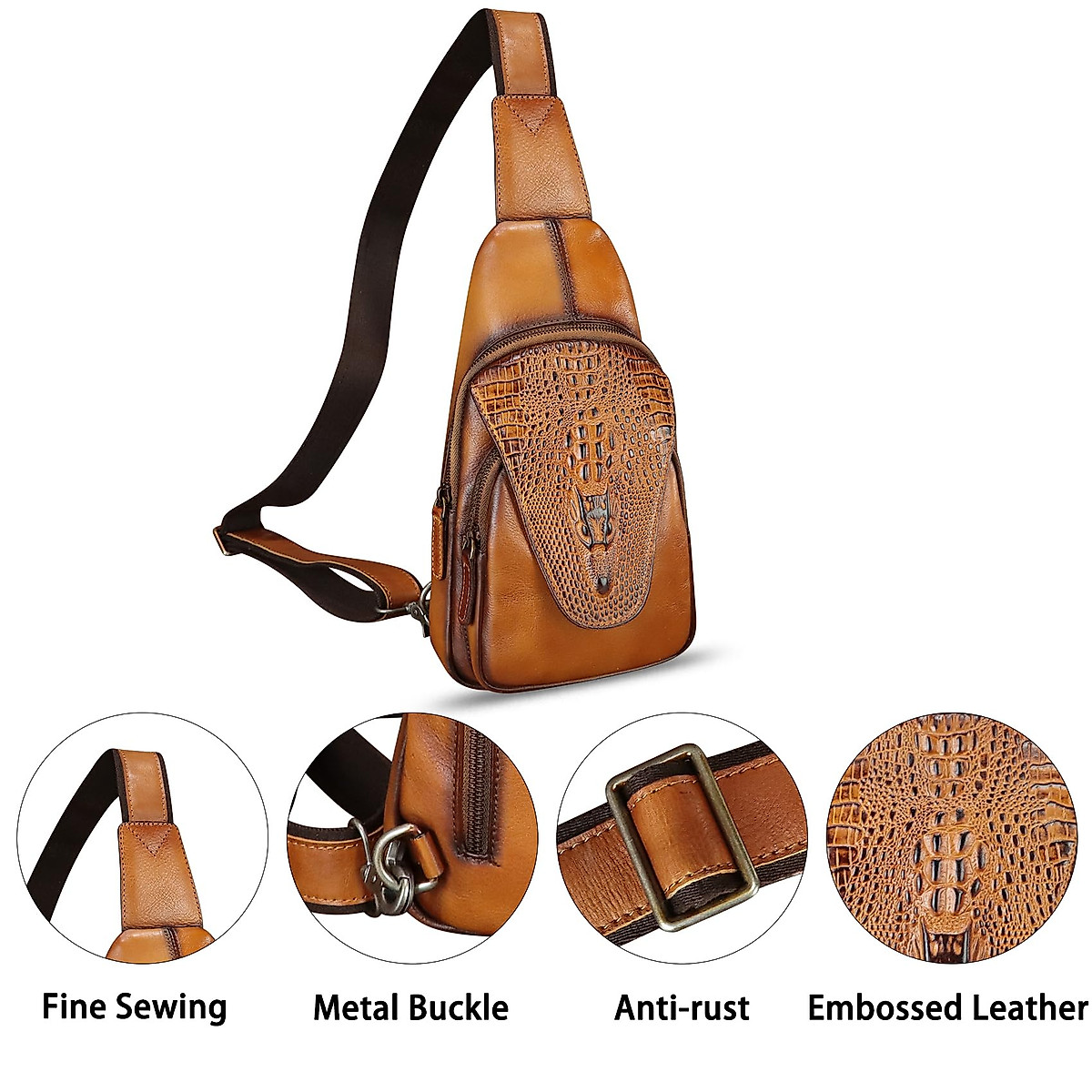 FEIGITOR Genuine Leather Sling Bag Embossed Crocodile Pattern Leather Crossbody Sling Backpack Handmade Chest Purse Daypack (Brown)