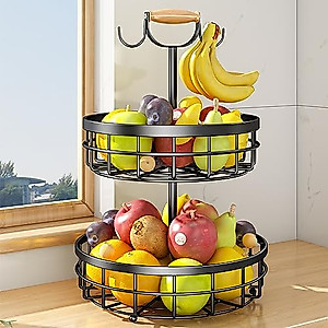 2-Tier Fruit Basket Bowl Vegetable Storage with Dual Banana Tree Hanger and Wood Lift Handle, Kitchen Countertop Metal Wire Basket for Bread Onions Potatoes (Black, 2 Tier)
