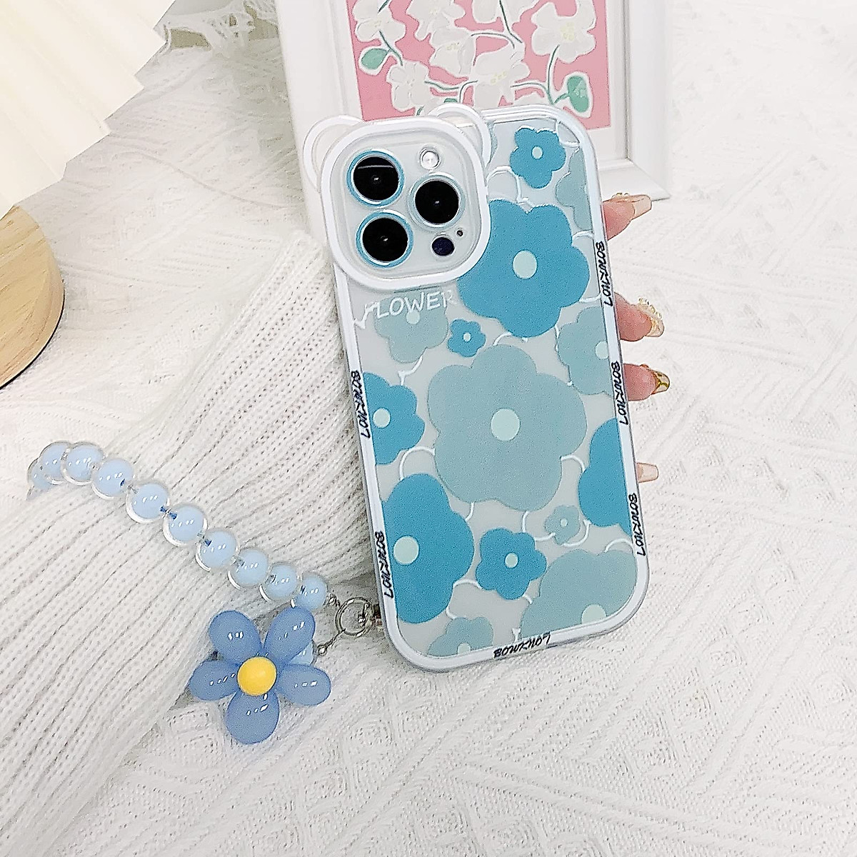 NITITOP Compatible for iPhone 13 Pro Max Case Clear Flower Floral Camera with Lovely Bracelet Chain Bear Lens Case for Women Girls, Shockproof Protective Soft TPU Cover - Blue