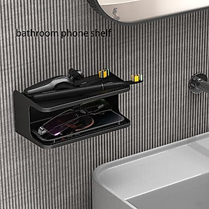 Wall Double-Layer Shelf Bedside Shelf Organizer Storage Shelves Bracket Abs Plastic Bedside Shelf Caddy Basket Pocket Organizer Office Mount Bedroom,Dorm (Black)