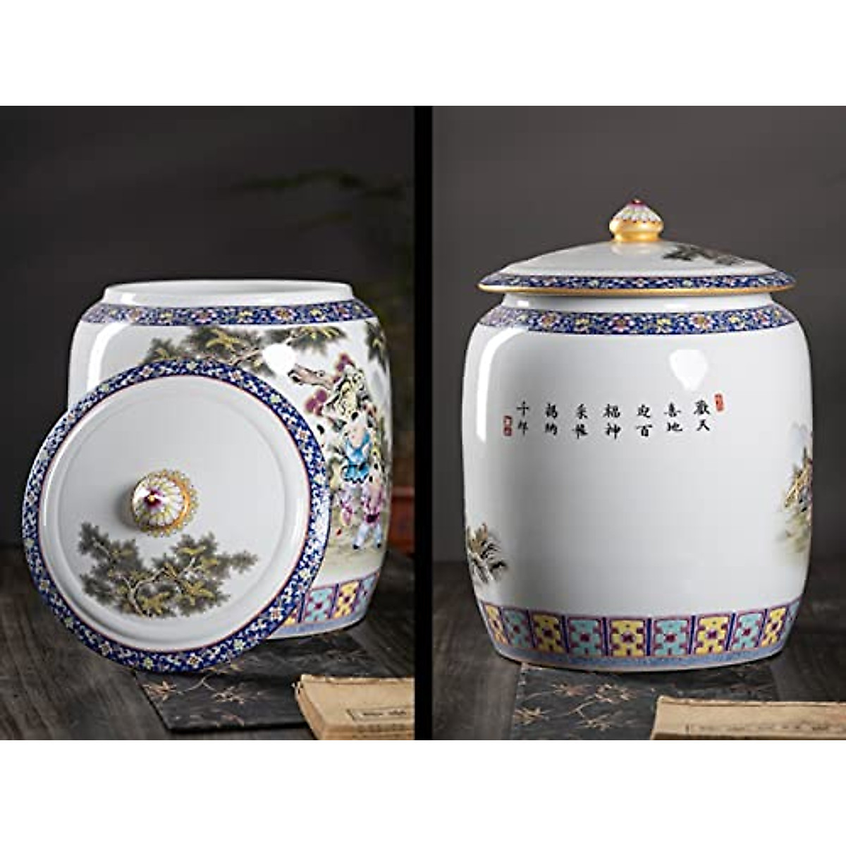 Chinese Style Food Dispenser 22Lbs Ceramic Rice Bucket Cereal Storage Container Chinese Porcelain Grain Dispenser Suitable for Flour, Sugar, Coffee, Rice, Nuts, Snacks, Pet Food, Tea (Color : A)