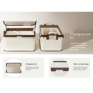 LoforHoney Home Storage Bins with Lids, Large Storage Basket with Handles for Shelves, Foldable Fabric Storage Box with Metal Frame for Home,Office, Beige,2-Pack