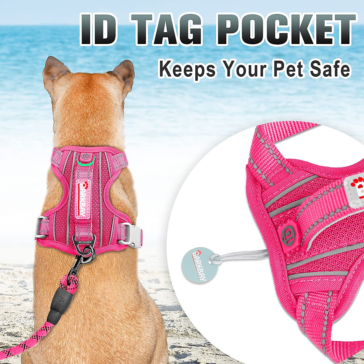 BARKBAY No Pull Dog Harness Large Step in Reflective Dog Harness with Front Clip and Easy Control Handle for Walking Training Running with ID tag Pocket(Pink,L)