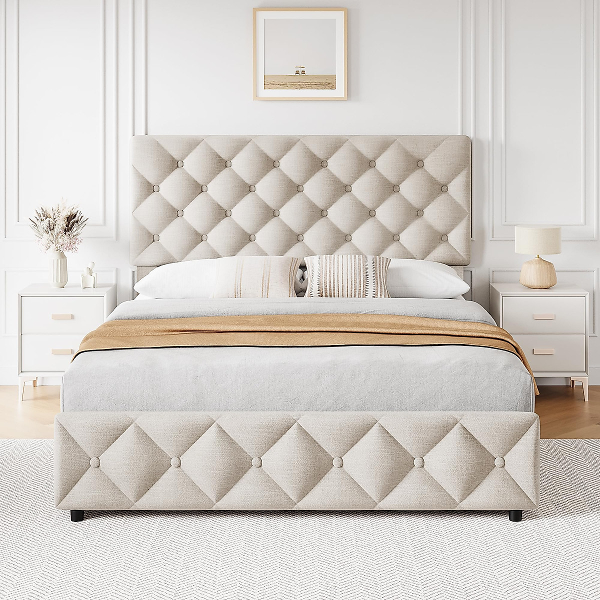 IDEALHOUSE Queen Size Bed Frame with 4 Storage Drawers, Linen Upholstered Platform Bed Frame with Adjustable Headboard, Diamond Stitched Button Tufted, No Box Spring Needed, Off White