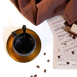 lavekywasa European Style Tea Coffee Cup Set Black Gold Gradual Vintage Ceramic Cup Coffee Mug With Spoon&Saucer Set Used for Latte, Americano, Cappuccino, Tea, Beer (4 pack)