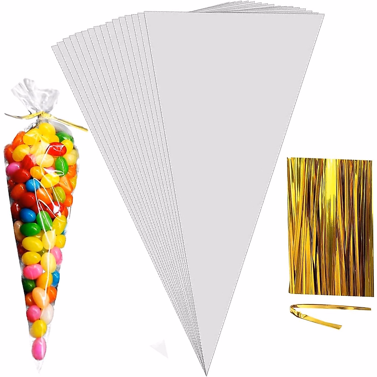 100 Pieces Christmas Medium Transparent Cone Bags Cello Bags Sweet Clear Treat Bags with 100 Pieces Twist Ties, 11.8 x 6.3 Inch (Golden Twist Ties)