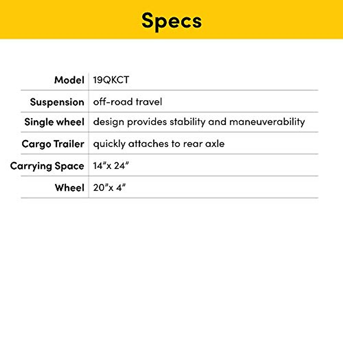 QuietKat 20QKCTSW Rear Cargo Trailer, Single Track FatTire Off Road, 14”x 24” Storage