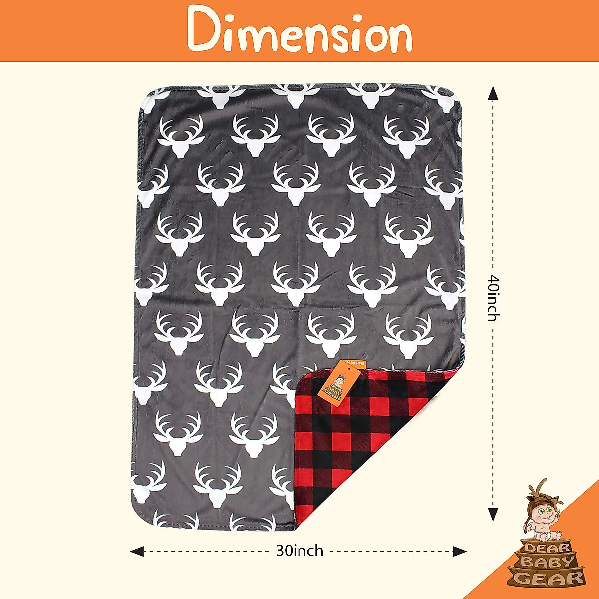 Dear Baby Gear Deluxe Soft Baby Blankets for Newborn Girls & Boys - Cute Infant Blanket, Nice Nursery Blankets, Double Layer Toddler Blanket - Deer Antlers Red & Black Buffalo Plaid (30" x 40")