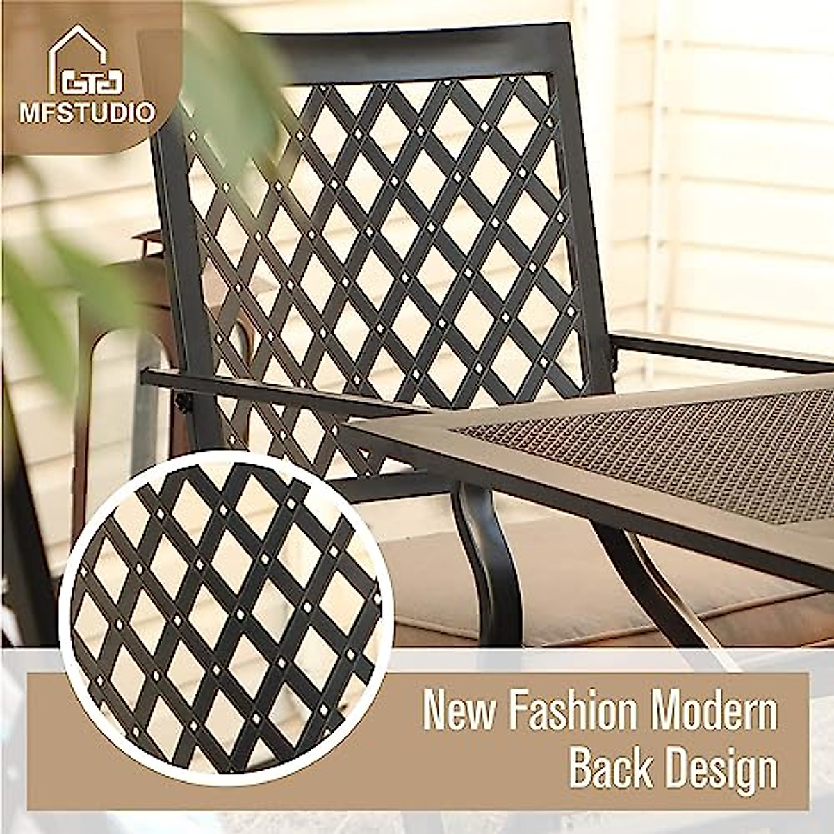 MFSTUDIO 5 PCS Metal Outdoor Patio Furniture Dining Set with 4 Metal Swivel Chairs and Square Dining Table with Umbrella Hole, Black