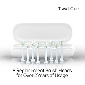 Dentin Sonic Electric Toothbrush with 8 Toothbrush Heads, 100 Day Battery Life, Rechargeable Battery, Travel case and Wall Charger Included… (White)