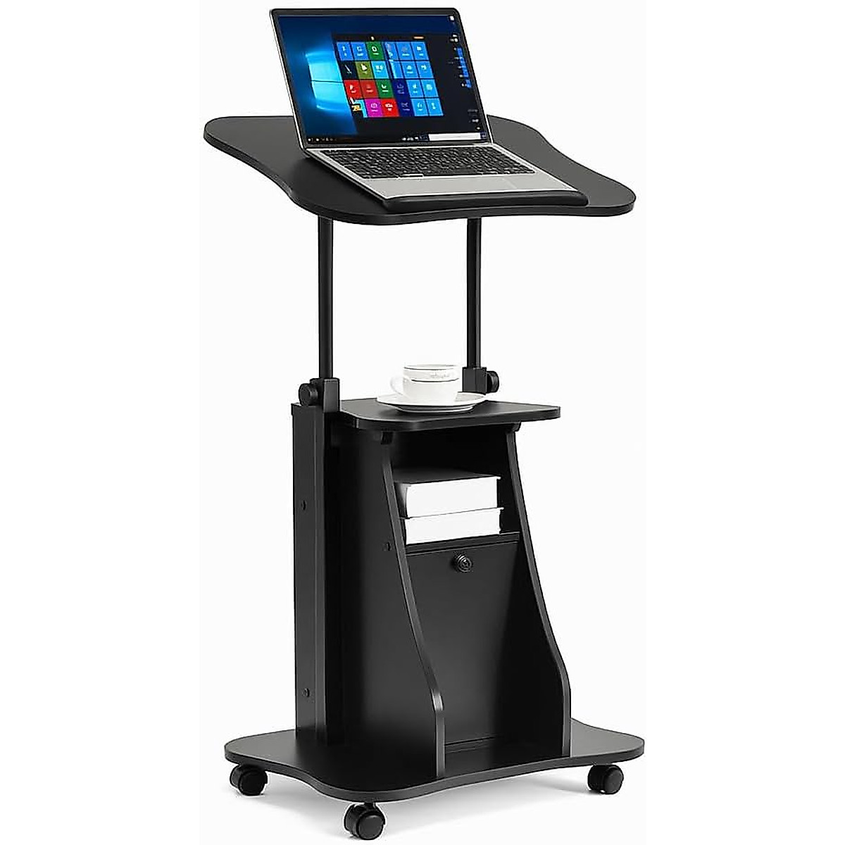 Tangkula Mobile Laptop Podium, Height Adjustable Sit to Stand Desk with Tilting Desktop & Storage Cabinet, Ergonomic Rolling Lectern Cart Laptop Desk, Office Podium Stand on Wheels (1)
