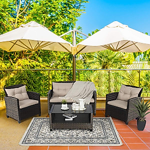 Tangkula 4-Piece Outdoor Rattan Furniture Set, PE Rattan Wicker Sectional Sofa with Loveseat Chair & Glass Table, Patio Cushioned Conversation Sets for Backyard Porch Garden Poolside (1, Brown)