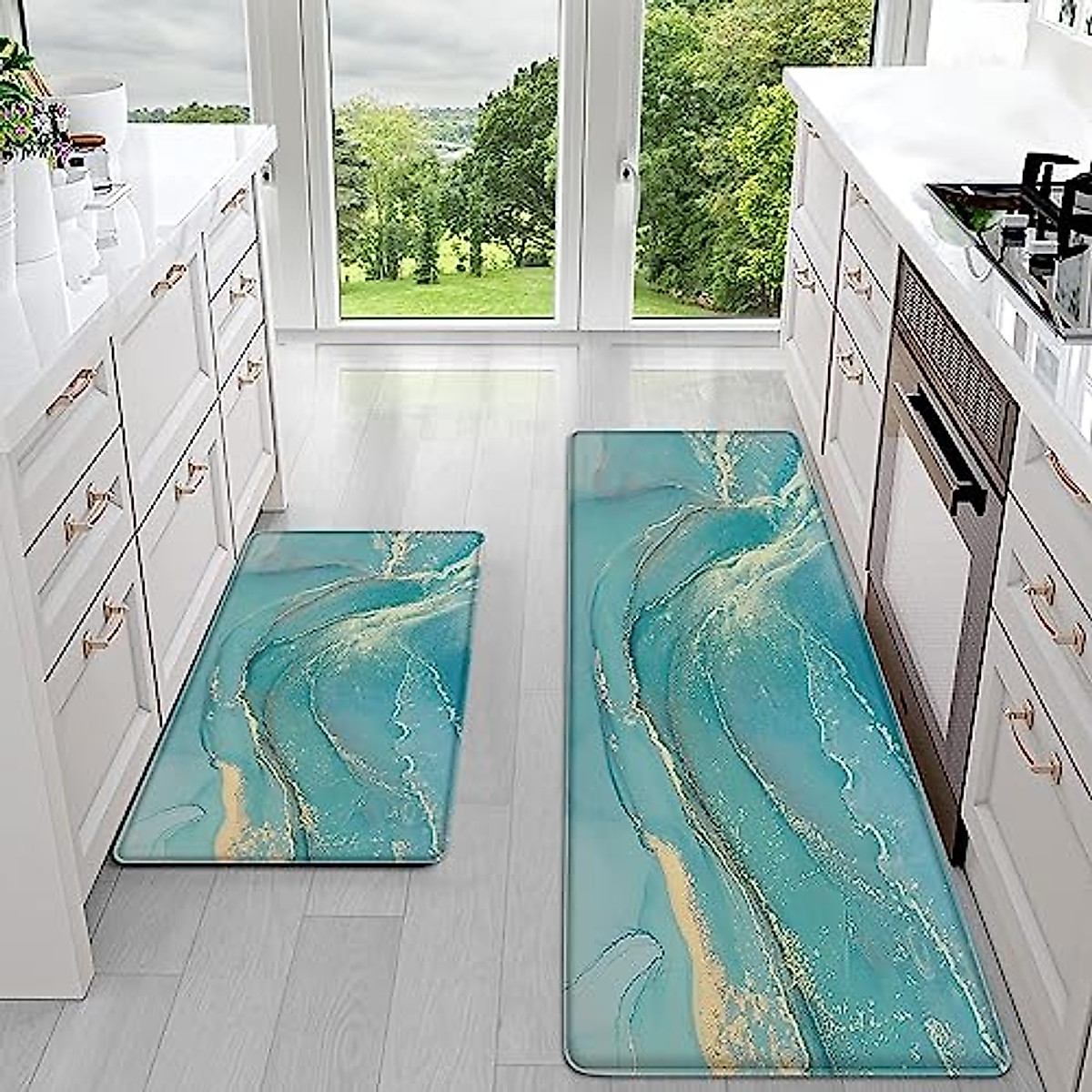 Sofort Anti Fatigue Kitchen Mats for Floor 2 Piece Set, Cushioned Memory Foam Kitchen Rug, Non Slip Waterproof Teal Marble Kitchen Mat, Comfort Standing Mats for Kitchen, Laundry, Office, Sink