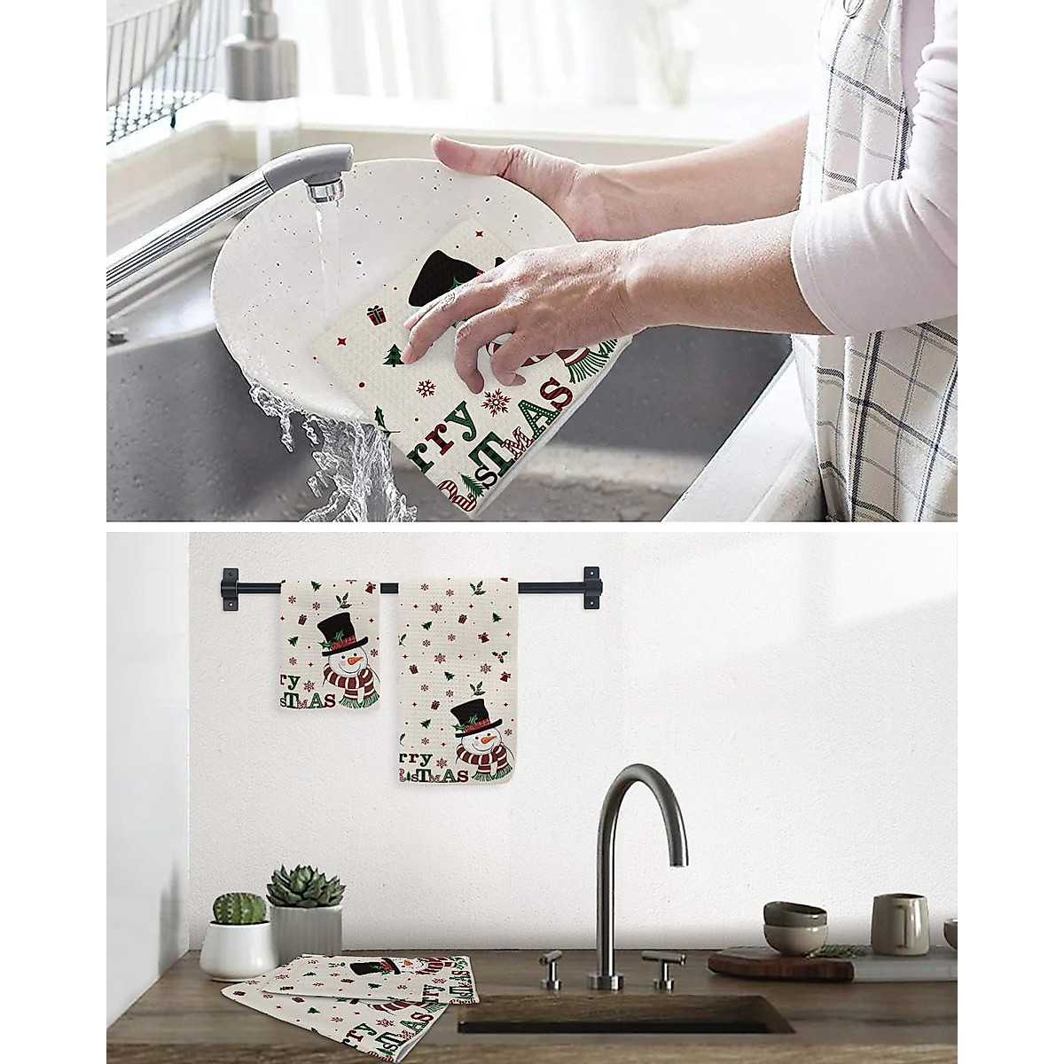 Onekaccu Farmhouse Christmas Dish Towels Set, Waffle Weave Kitchen Towels Microfiber Towels Cleaning Merry Xmas Snowman Soft Absorbent Dish Drying Towels Hand Towels 4 Pack 15.7x23.6 in