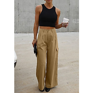 Dokotoo Cargo Pants Women High Waisted Baggy Business Casual Work Petite Pants Wide Leg Dress Pants 4 Pockets Trouser Khaki Plaid Loose 2024 Fall Fashion Clothing