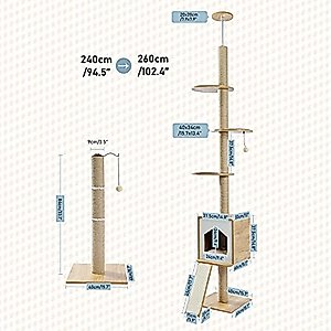 PETEPELA Cat Tree Floor-to-Ceiling Cat Tower, Cat Activity Center with Free Cat Scratching Post and Cat Condo, Ramp Ladder, Multi-Level Platforms Adjustable(94-102 Inches) for Indoor Cats