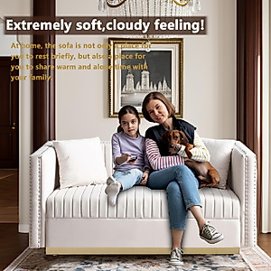 PUG258Y Loveseat Modern Sofa Couch: 61.4 Inchs Mid-Century Sofa with Extra Deep Seats, 2 Seater Sofa Couch for Living Room Apartment Lounge and Office, Dual Pillows, Velvet - Medium Beige