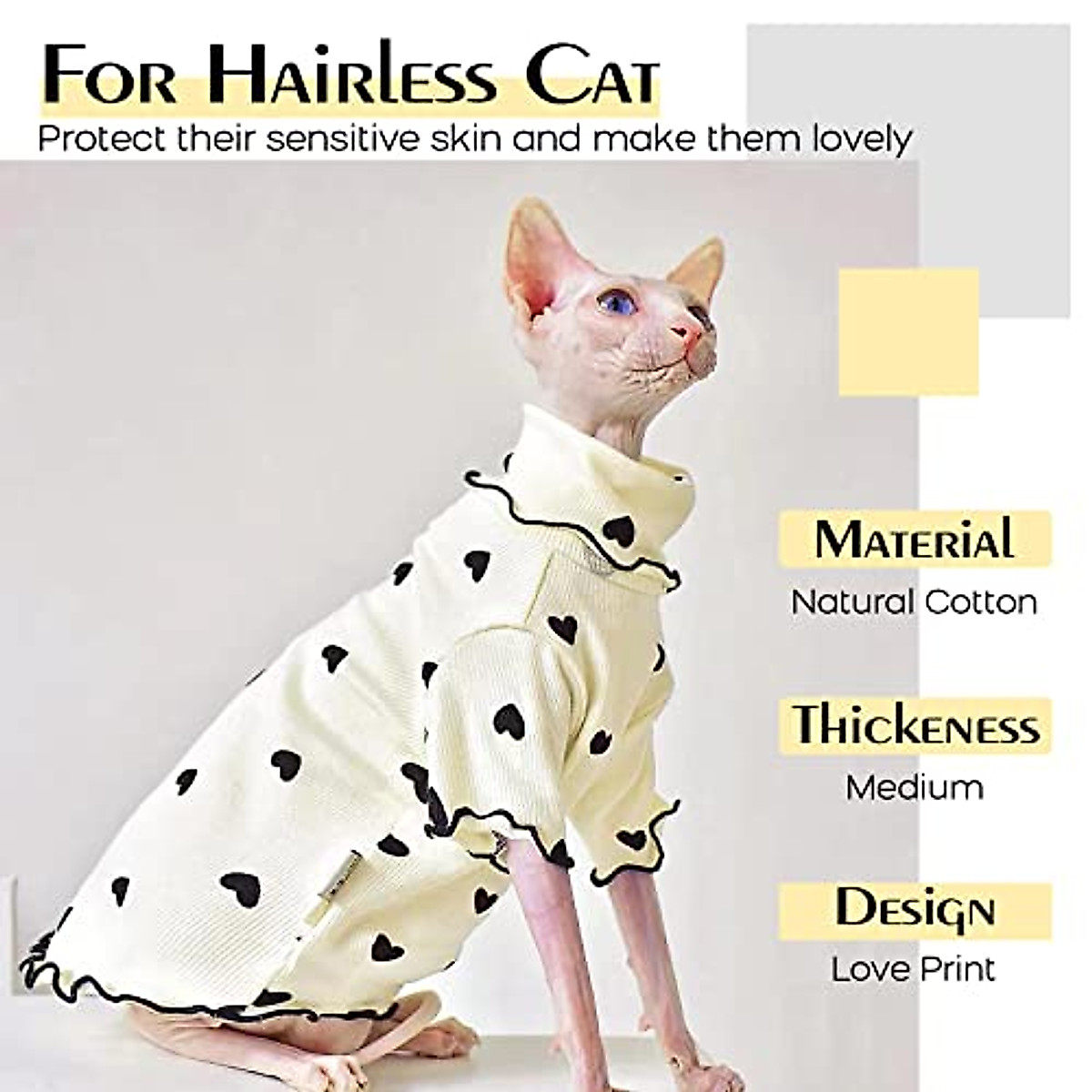 Bonaweite Sphynx Hairless Cats Clothes, Cotton Cute Heart Pattern Sweater T-Shirts with High Collar, Soft Breathable Puff Sleeves Kitten Cat Wear Shirt Apparel for Cornish Rex, Devon Rex, Peterbald