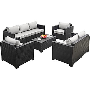 Rattaner 5-Piece Patio Furniture Sofa Set Outdoor Wicker Sectional Couch with Storage Table No-Slip Cushions Furniture Covers, Grey