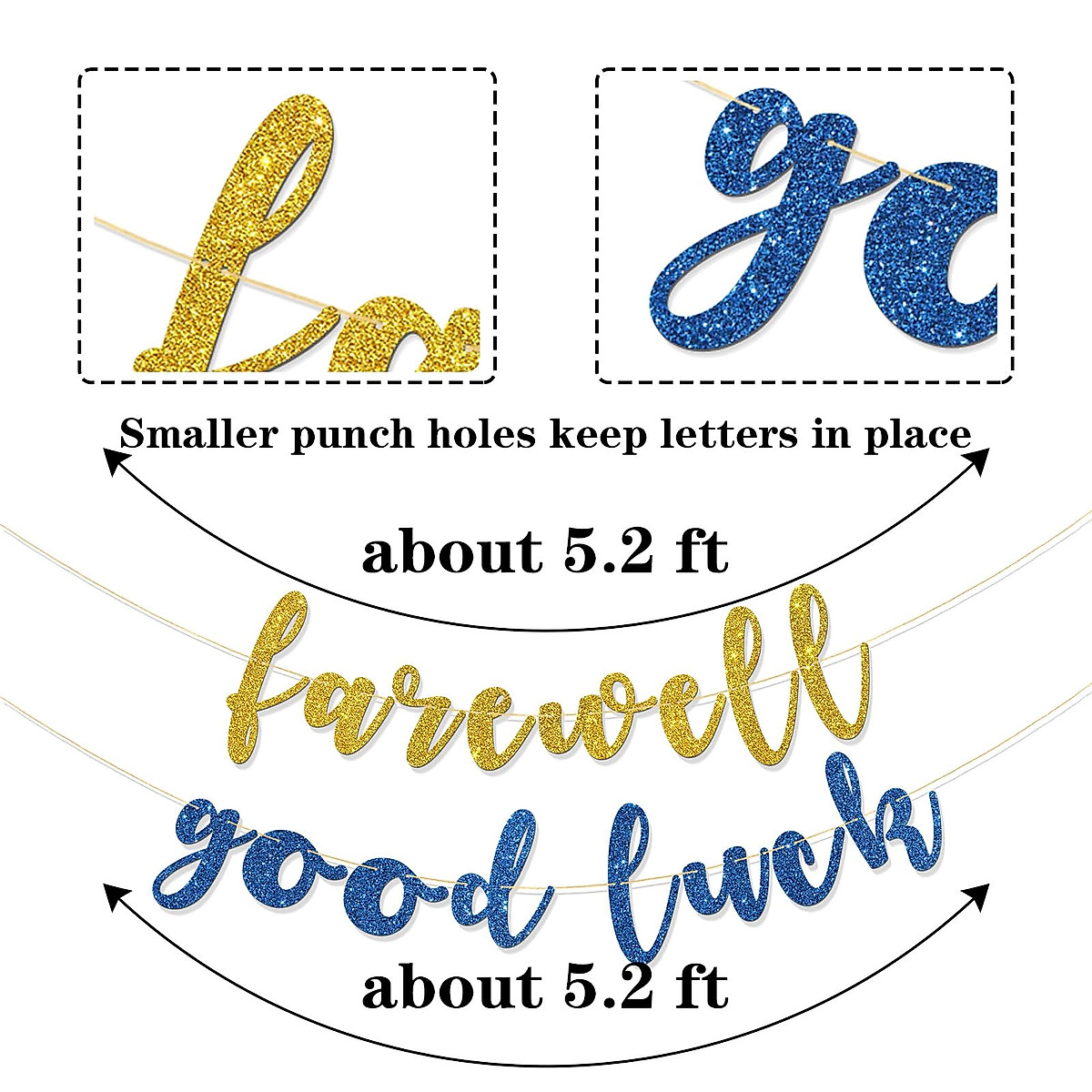RoadSea Farewell Good Luck Banner - Graduation Theme - Retirement Party Supplies - Going Away - Job Change Party Decorations - Gold Blue Glitter