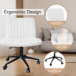 Kadunmina Armless Office Desk Chair with Wheels, Modern Swivel Computer Task Chair Comfortable Adjustable Wide Seat Vanity Chair for Home, Bedroom, Make Up(White)
