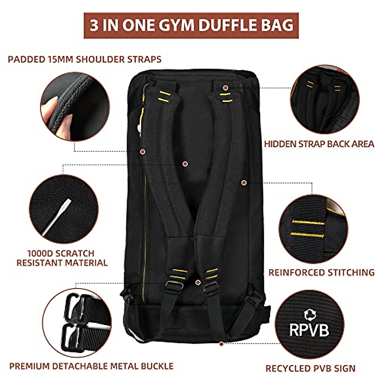 Gym Duffle Backpack for Men Women with Shoes Compartment,Travel Weekender Carry-On Bags with Detachable Back Pack Straps,Water Resistant Rucksack Daypack for Traveling Overnight Climb Sports,Yellow