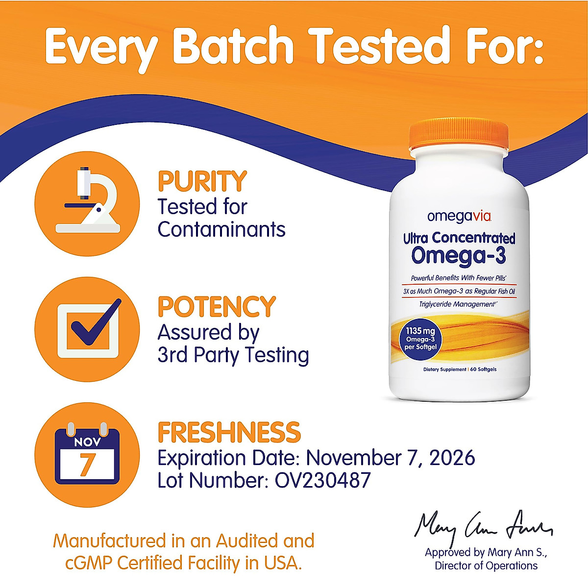 OmegaVia Ultra Concentrated Omega 3 Fish Oil Burpless, 60 Softgels, Triple Strength Omega 3 Fish Oil Supplements, 1135 mg Pure Omega3, No Fishy Burps, High EPA DHA DPA, IFOS 5-Star