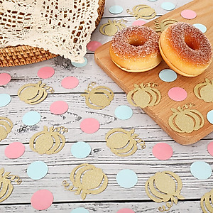 Whaline 300pcs Thanksgiving Little Pumpkin Confetti Glitter Gold Pumpkin Baby Shower Table Confetti Round Pink Blue Paper Dots for Thanksgiving Fall Gender Reveal Baby Birthday Supplies Table Decor