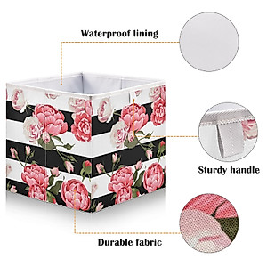 Oyihfvs Floral Peony and Roses Flowers On Black White Stripes Rectangular Collapsible Open Storage Bins, Foldable Toy Nursery Basket Bin Cloth Cube Organizer with Handles for Shelves Closet