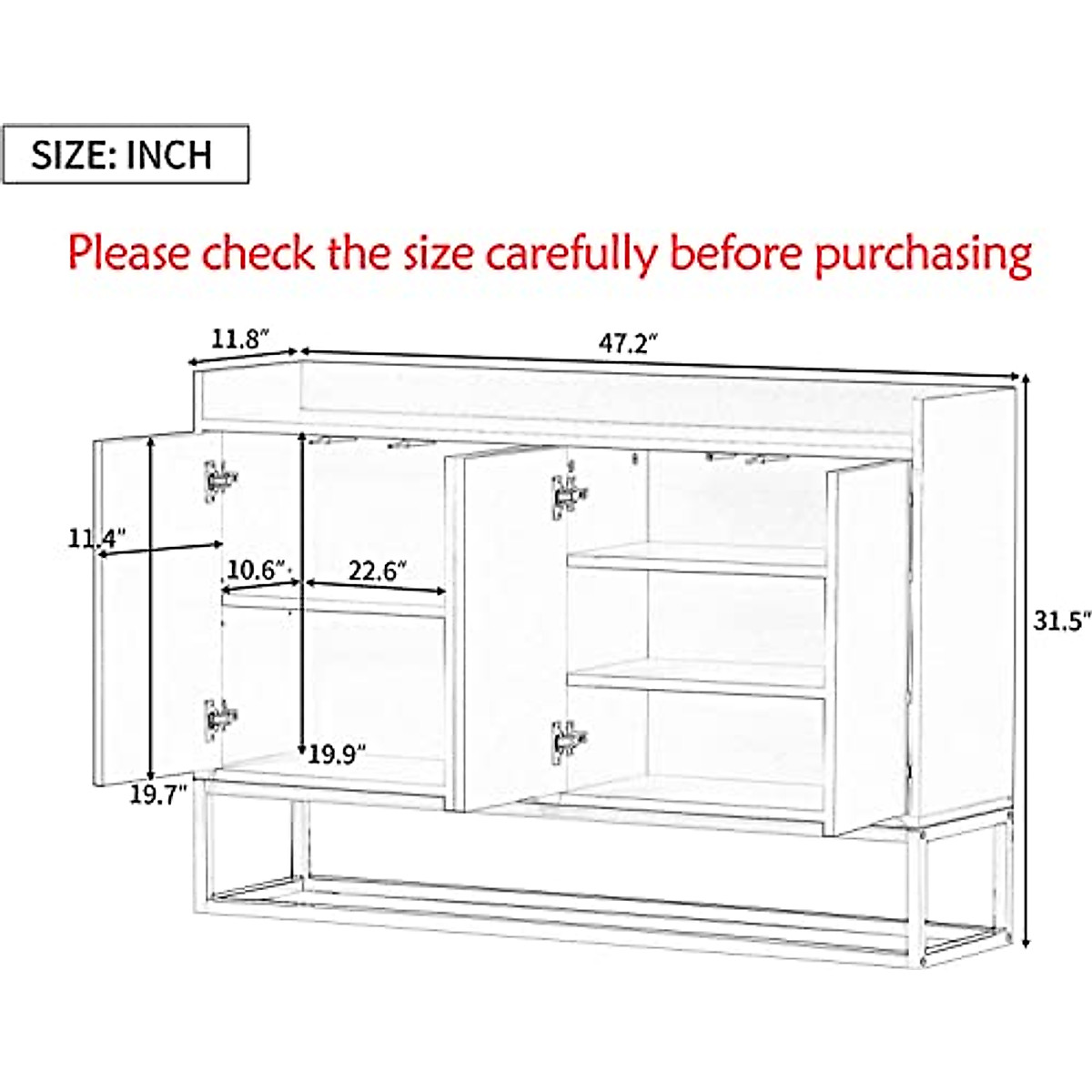 47" Buffet Sideboard Cabinets with Gold Metal Base, 4 Unobtrusive Doorknob, Elegant Freestanding Storage Cabinet, Large Storage Space Kitchen Console Table for Dining Living Room, Entryway, Navy Blue