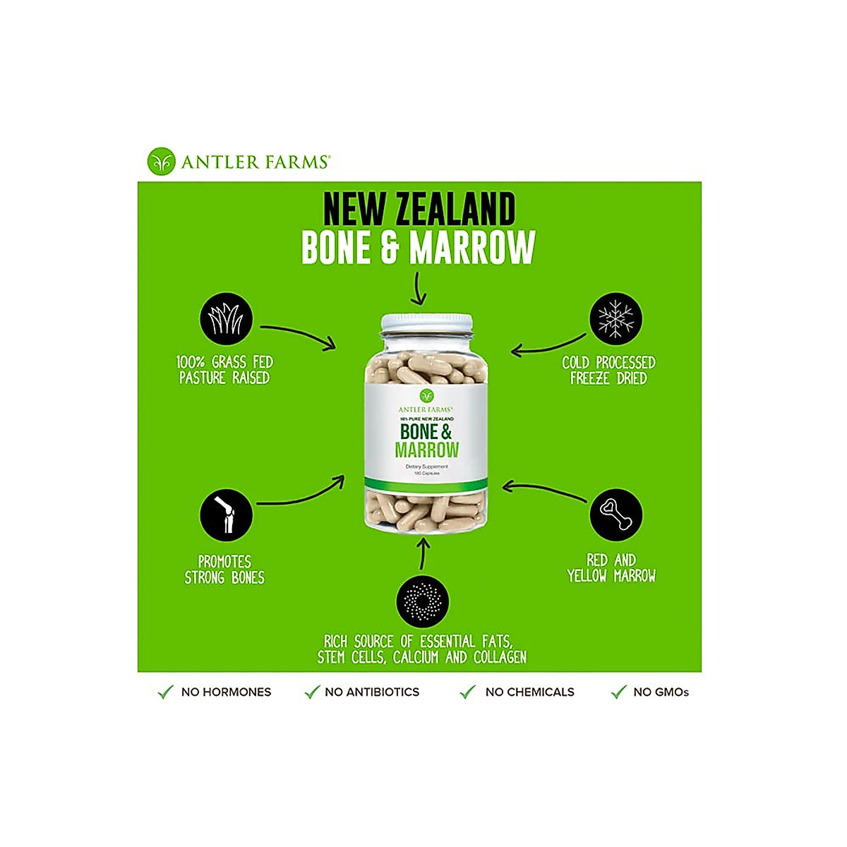 Antler Farms - 100% Pure New Zealand Bone & Marrow, 180 Capsules, 750mg - Grass Fed, Pasture Raised Whole Bone Extract, Cold Processed, Healthy Essential Fats, Stem Cells, Collagen, Calcium