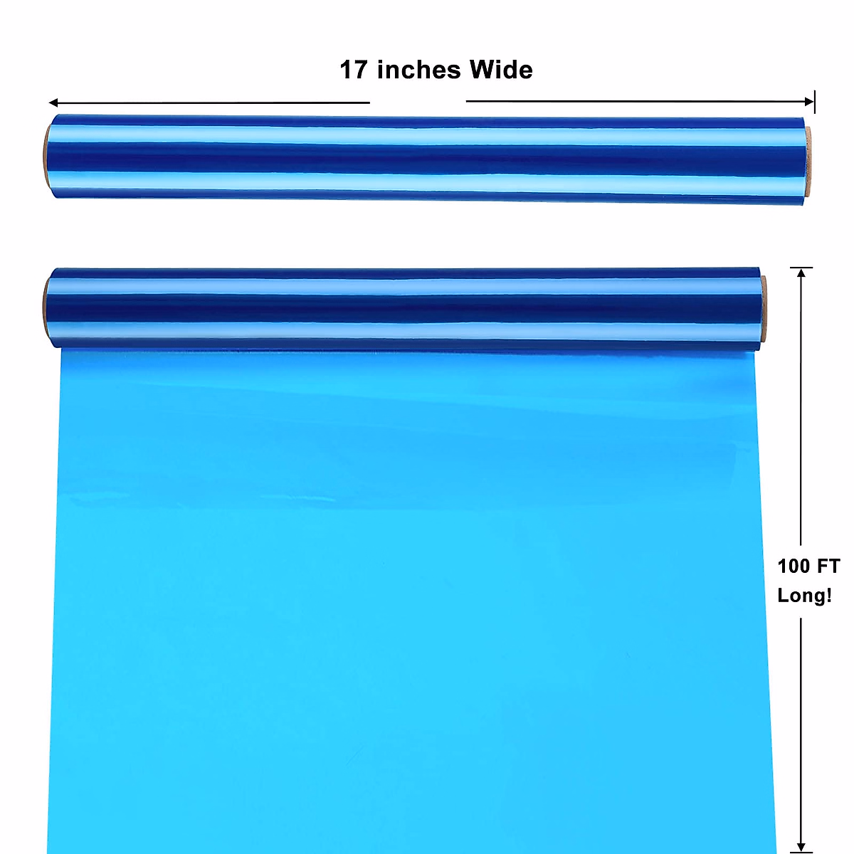 100ft Extra Wide Blue Cellophane Wrap Roll (100ft. Long x 17 in. Wide x 2.3 Mil Thick) - Blue Transparent Cellophane Roll for Gift Basket Wrap - Plastic Wrap for Baby Shower Decorations, Treats, Graduation Gift Wrapping.