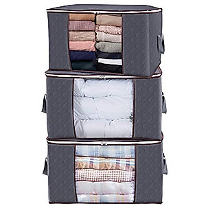 3 Pack, 90L Large Capacity Clothes Storage Bag Organizer with Reinforced Handle Thick Fabric for Comforters, Blankets, Bedding, Foldable with Sturdy Zipper, Clear Window,