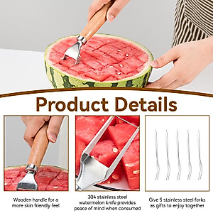 Watermelon Slicer Cuts Watermelons into Cubes, Stainless Steel Melon Cutter with Wooden Handle, Watermelon Cutting Tool Fruit Cutter with 5 Fruit Forks