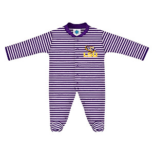 Creative Knitwear College Baby Striped Footed Romper - LSU Tigers Logo - Purple/White - 0-3 Months