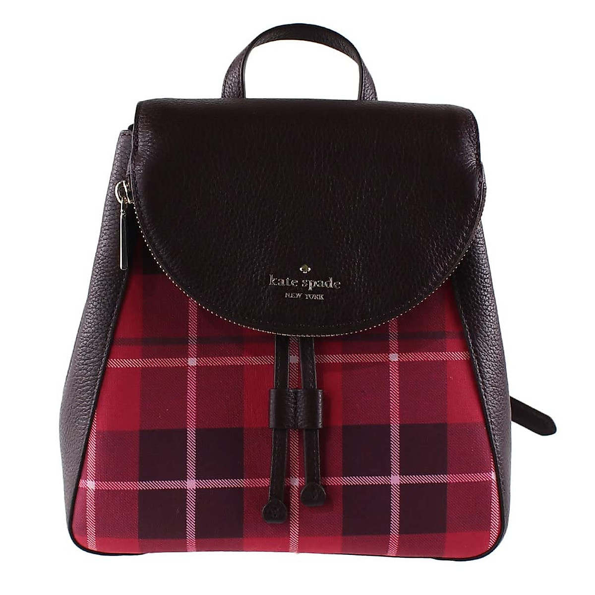 Kate Spade Leila Red Plaid Medium Flap Leather Backpack, Bright Rose Multi