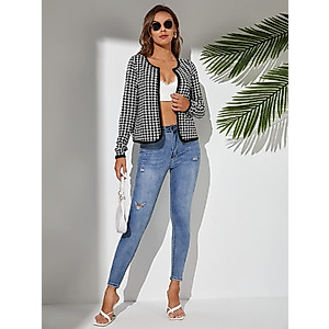 WDIRARA Women's Houndstooth Open Front Long Sleeve Plaid Work Office Elegant Jacket Black and White Tall S